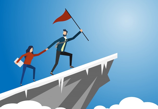 Adventurous Duo Scaling Cliff, Waving Red Flag Triumphantly | Jiffy Designs