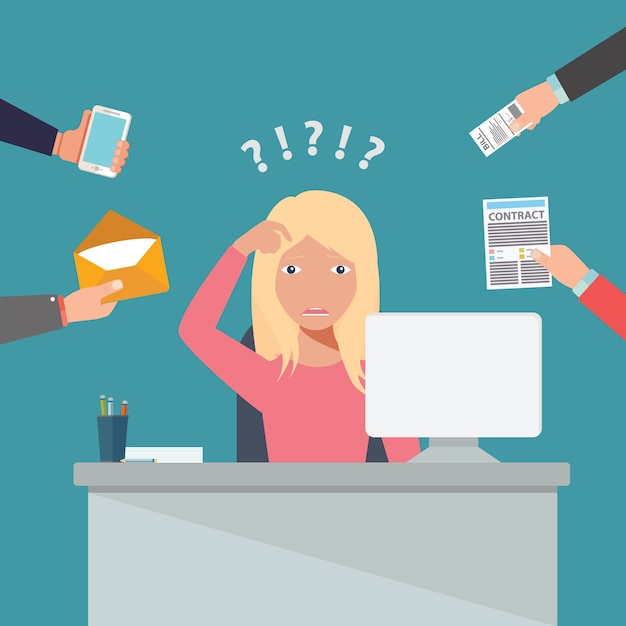 Frustrated office worker surrounded by distractions and technology ...