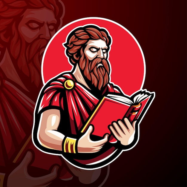 Wise Philosopher Holding an Intriguing Tome in Red Backdrop | Jiffy Designs