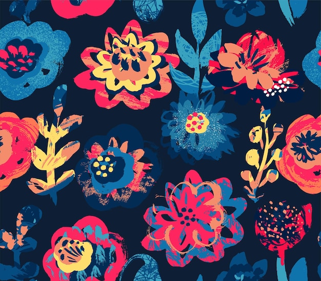 Vibrant Floral Pattern on Dark Blue Background | Jiffy Designs