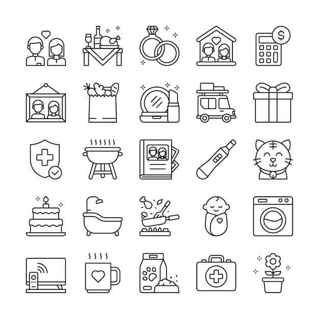 Diverse Collection of Everyday Life Icons in Minimalist Outline Style ...