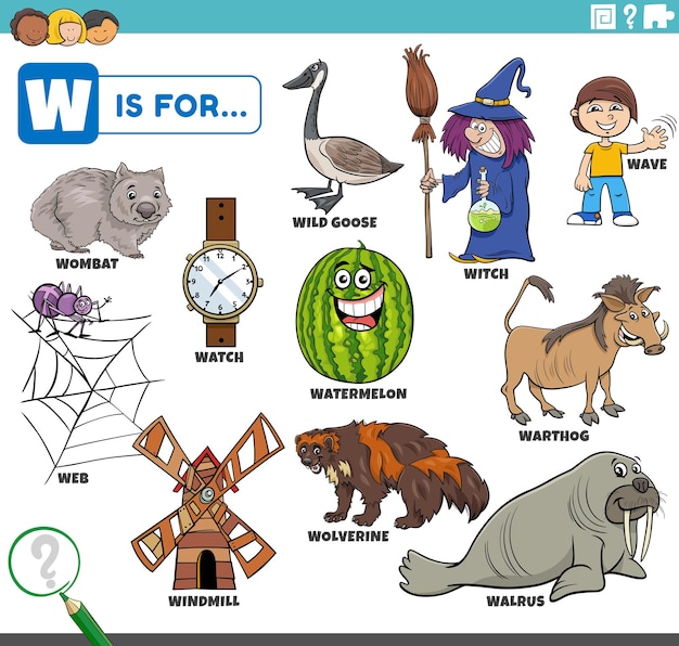 Whimsical Alphabet Illustration Featuring Diverse W-Themed Objects ...