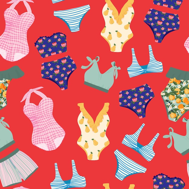 Vibrant Vintage Swimsuit Pattern Collage on Red Background | Jiffy Designs