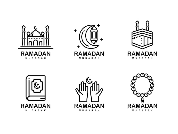 Elegant Ramadan Symbols: Mosque, Crescent Moon, and Kaaba Illustrations ...