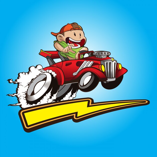 Adventurous Cartoon Character Driving Powerful Red Jeep | Jiffy Designs