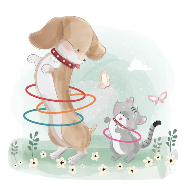 Playful Pup and Curious Cat Frolic in Floral Field | Jiffy Designs