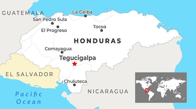 Map of Honduras Highlighting Major Cities and Neighboring Countries ...