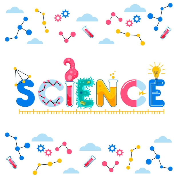 Colorful Science Themed Illustration with Molecules and Clouds | Jiffy Designs