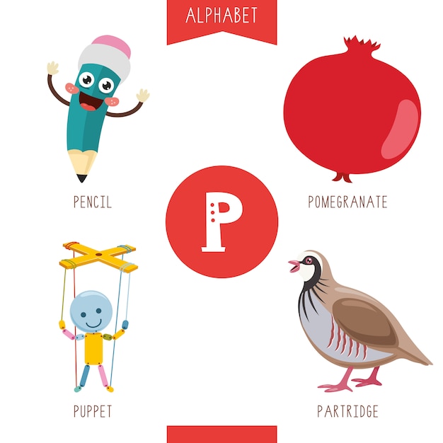 Quirky Alphabet Characters: Pencil, Pomegranate, Puppet, and Partridge ...