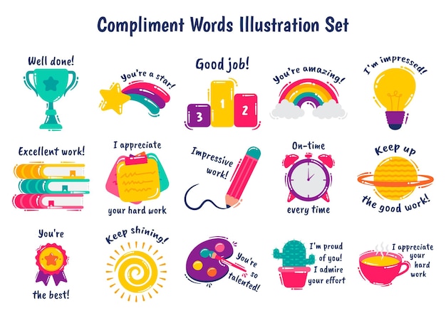 Vibrant Compliment Words Illustration Set with Motivational Icons ...