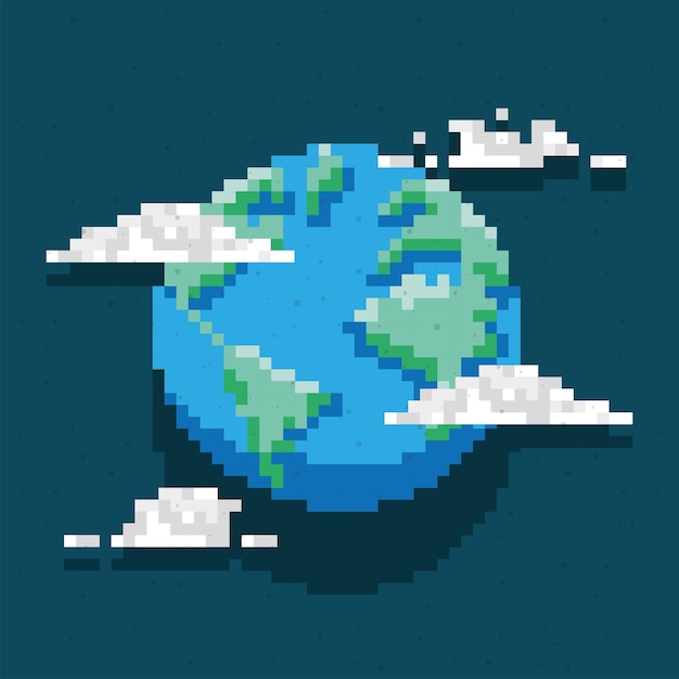 Vibrant Pixel Globe with Floating Clouds and Landmasses | Jiffy Designs
