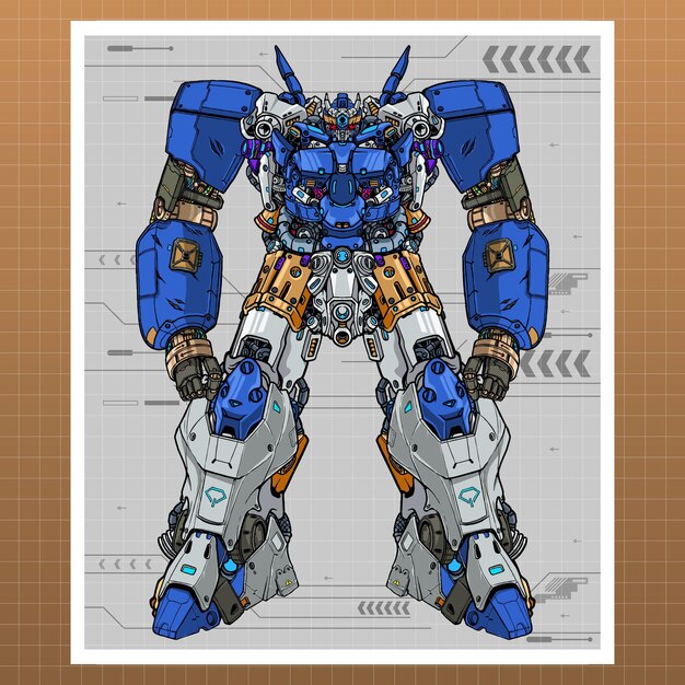 Colossal Mech Warrior in Striking Blue and Gold Armor | Jiffy Designs