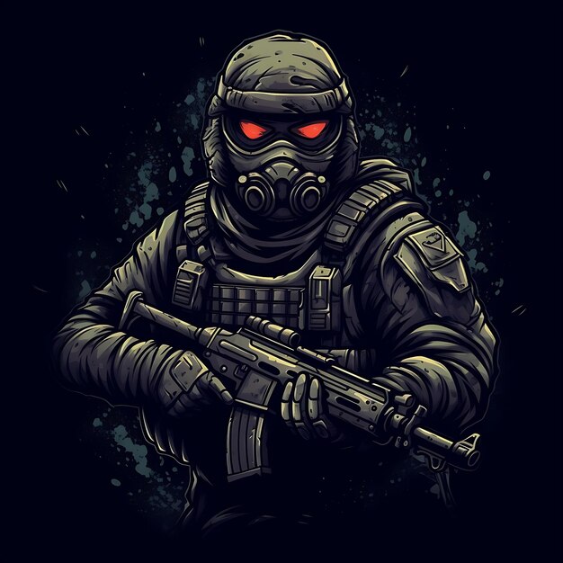 Menacing Apocalyptic Soldier with Glowing Red Eyes and Assault Rifle ...