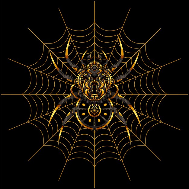 Intricate golden spider web with ornate clockwork center | Jiffy Designs