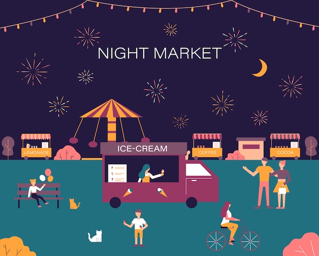 Vibrant Night Market with Festive Stalls and Fireworks | Jiffy Designs