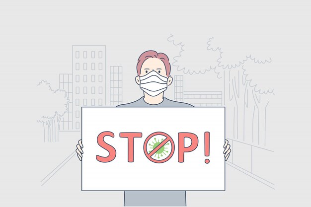 Masked Citizen Holds Stop Sign Amid Urban Skyline | Jiffy Designs