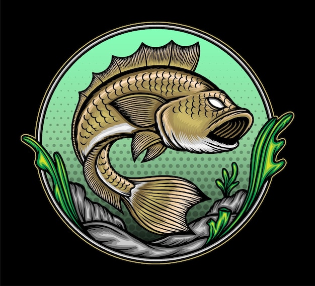 Majestic Largemouth Bass Emblem in Verdant Aquatic Scene | Jiffy Designs