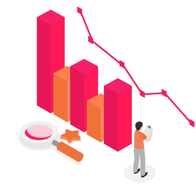 Vibrant 3D graph with falling trend and person observing | Jiffy Designs