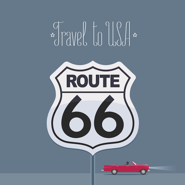 Iconic Route 66 Road Sign with Classic Red Car | Jiffy Designs