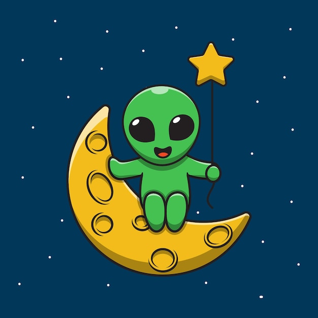 Cheerful Alien Sitting on Crescent Moon under Starry Sky | Jiffy Designs