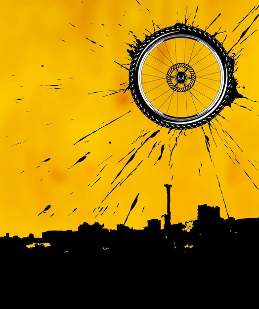 Vibrant Cityscape Silhouette with Exploding Bicycle Wheel | Jiffy Designs