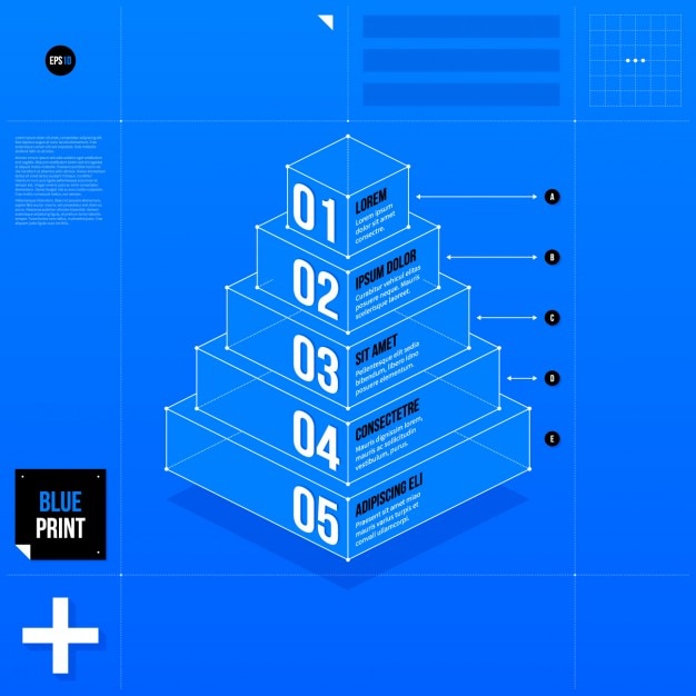 Isometric Blueprint Pyramid with Numbered Blocks on Blue Background ...