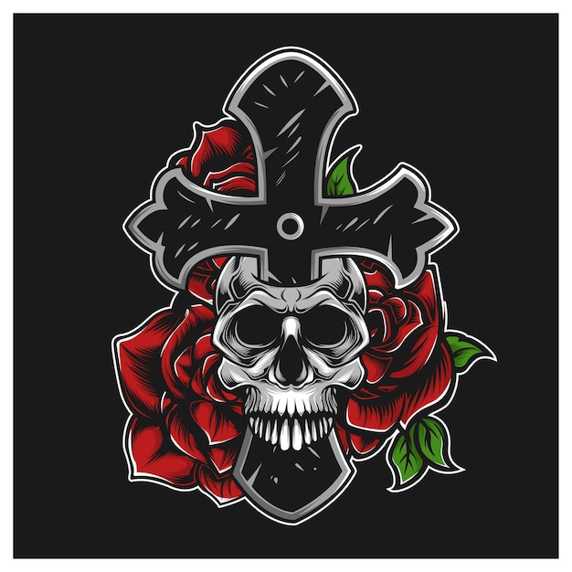 Menacing Skull Adorned with Vibrant Red Roses and a Gothic Cross ...