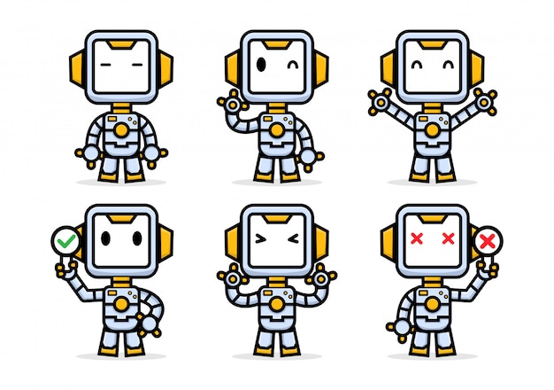 Adorable Robot Mascots in Playful Poses with Retro Charm | Jiffy Designs