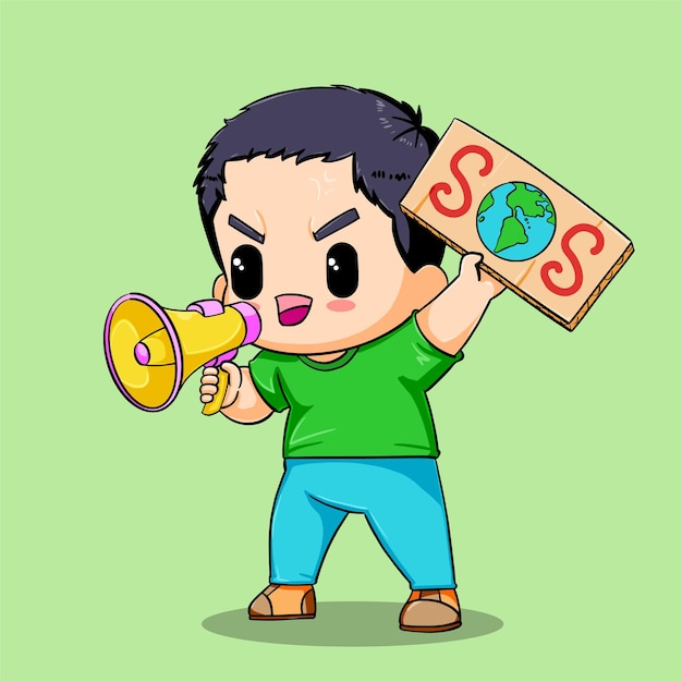 Animated Boy Promoting Environmental Awareness with Megaphone and Sign ...