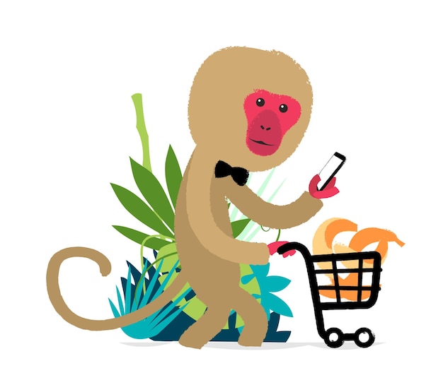 Playful Monkey Pushing Shopping Cart Amid Tropical Foliage | Jiffy Designs