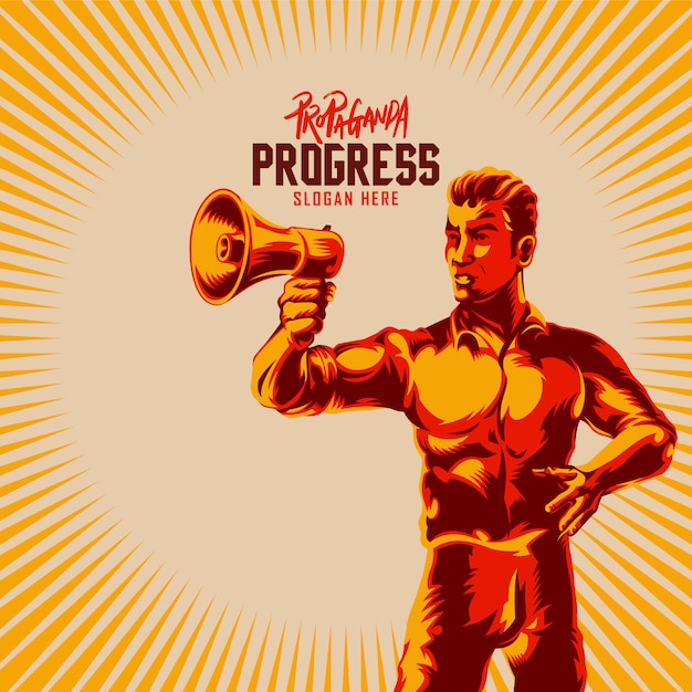 Retro-Styled Propaganda Poster Featuring a Muscular Figure Holding ...