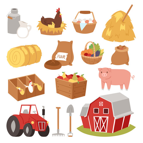 Farm Vector Tools And Symbols House, Traktor Cartoon Farming Village ...