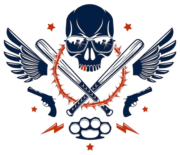 Fearless Skull with Crossed Revolvers and Winged Emblem | Jiffy Designs
