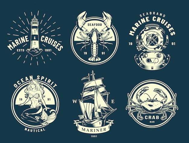 Vintage Nautical Emblems with Sailing Ships, Compasses, and Seafaring ...
