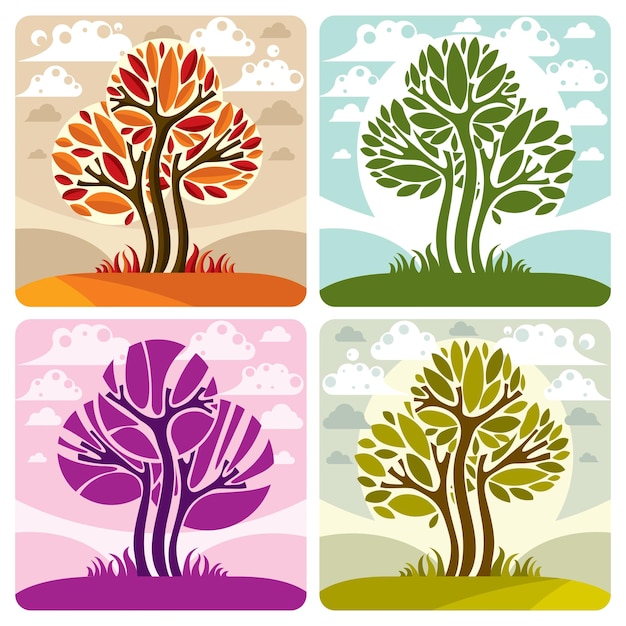 Vibrant Tree Illustrations Depicting Seasonal Color Transformations ...