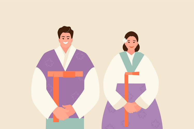 Korean People In Traditional National Costumes. Welcome To Korea Vector ...