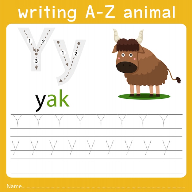 Yak Illustration for A-Z Animal Writing Practice Sheet | Jiffy Designs