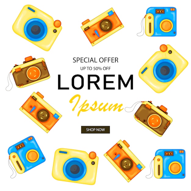 Vibrant Cartoon Camera Collection with Special Offer Banner | Jiffy Designs