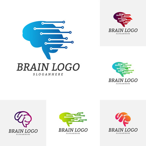 Set Of Brain Tech Logo Vector Template. Tech Brain Mind Logo Concepts ...