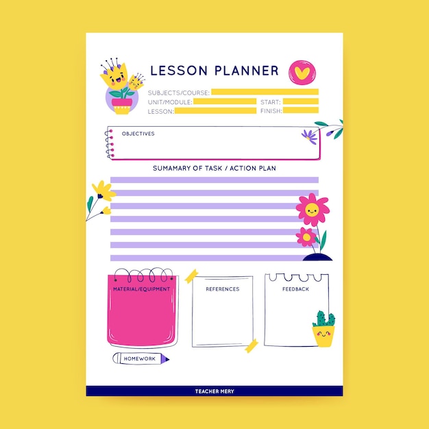 Colorful Illustrated Lesson Planner Template with Flowers and Icons ...