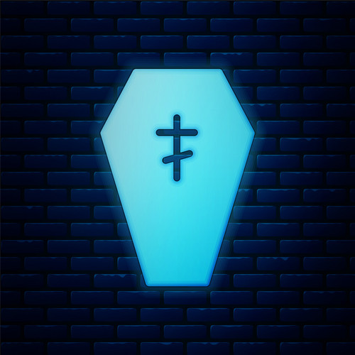 Glowing Neon Coffin With Christian Cross Icon Isolated On Brick Wall ...