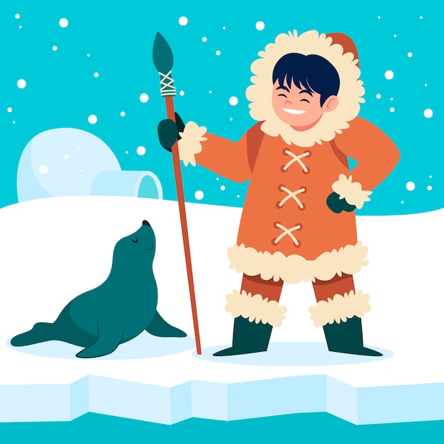 Cheerful Inuit Hunter Braving the Arctic Tundra | Jiffy Designs