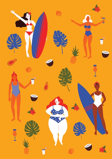 Vibrant Summer Celebration with Diverse Beach Figures and Tropical ...