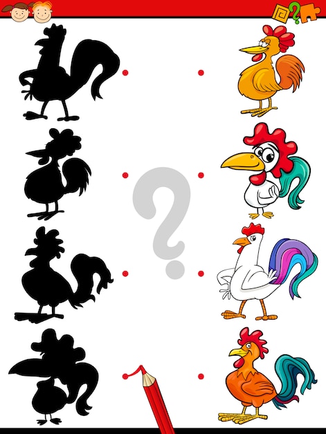 Matching Cartoon Rooster Silhouettes to Colorful Illustrations | Jiffy ...