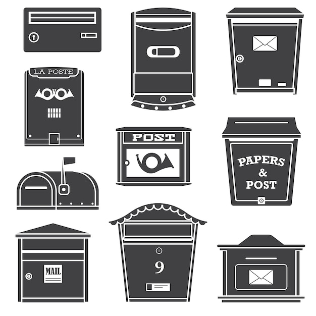 Diverse Mailboxes and Postal Receptacles in Monochrome Illustration ...