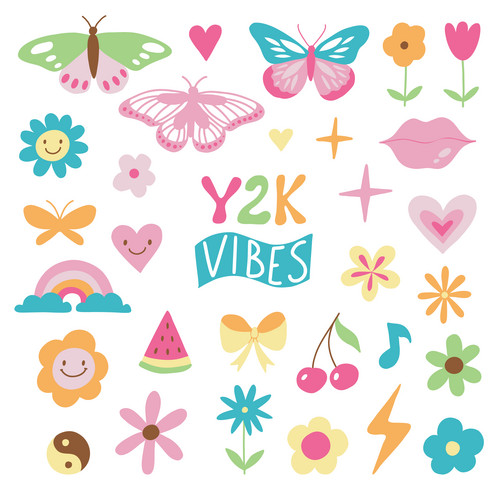 Cute Set Of 00s And 90s Doodle Elements. Retro Glamorous Style. Flat Cartoon Icons: Butterfly ...
