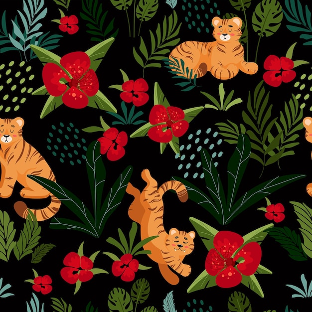 Vibrant Tropical Floral Patterns with Playful Feline Companions | Jiffy ...