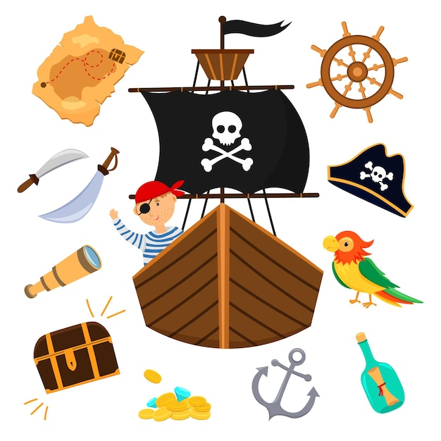 Vibrant Pirate Ship and Treasure Trove Adventure Icons | Jiffy Designs