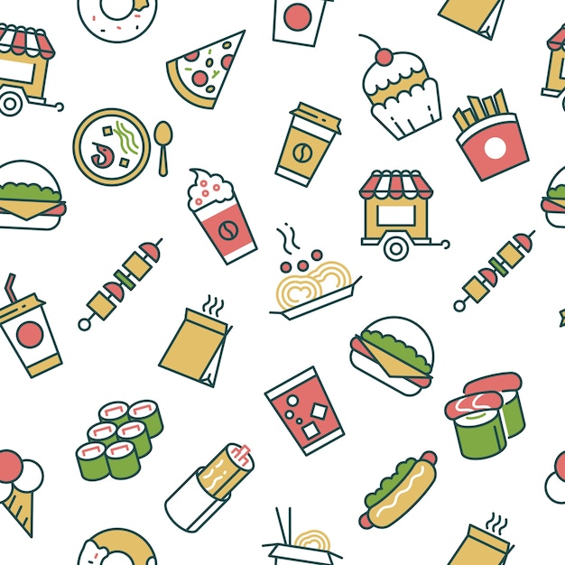 Colorful Doodle Pattern of Fast Food and Snack Icons | Jiffy Designs