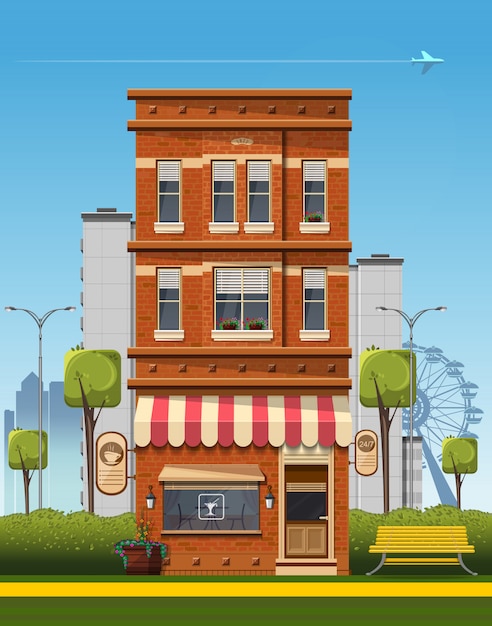 Charming Brick Storefront with Striped Awnings and City Skyline | Jiffy ...